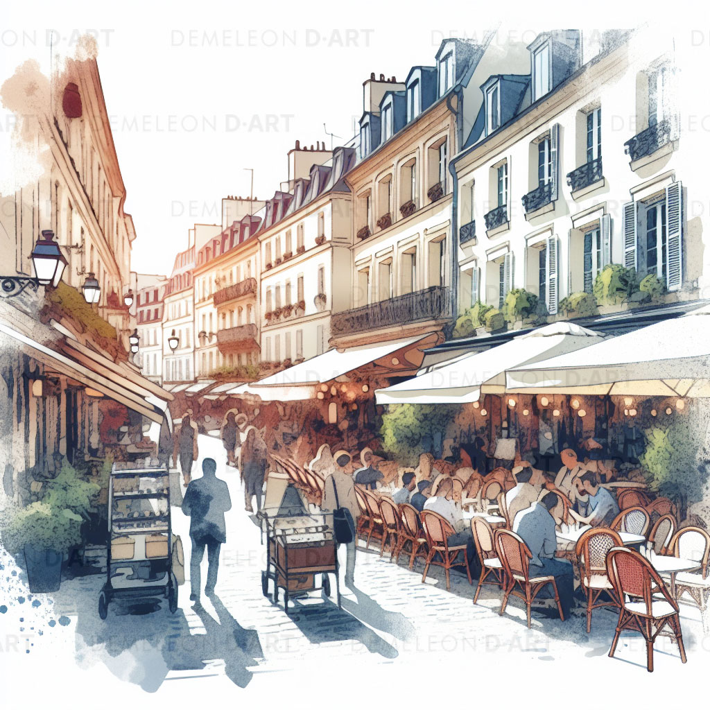 Watercolor cafe street - DEMELEON D·ART